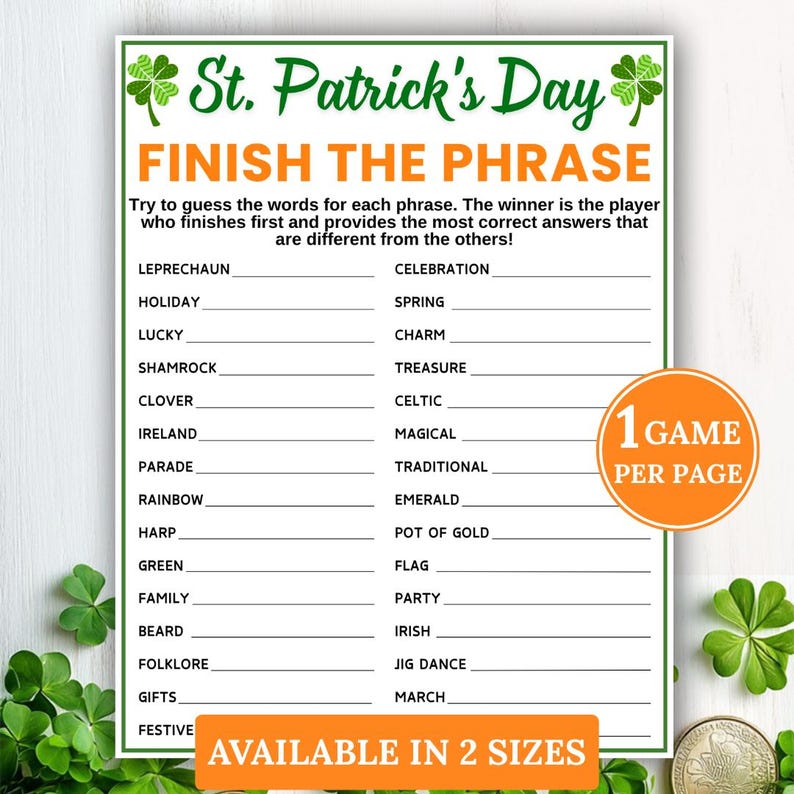 St Patrick's Day Finish the Phrase Game, Printable Youth Group Games ...