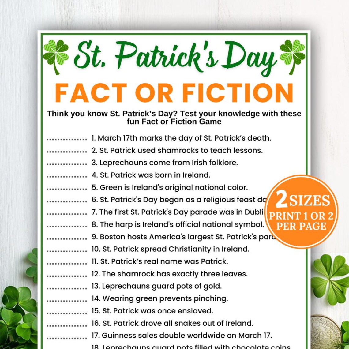 St Patrick’s Day Fact or Fiction Game, St Patrick's Trivia, True or ...