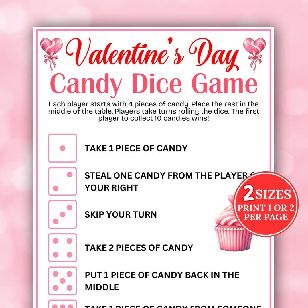 Valentine's Day Candy Dice Game, Valentine Party Game, Pass the Candy ...