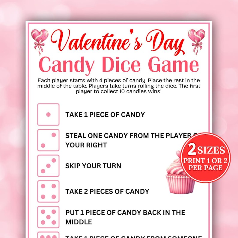 Valentine's Day Candy Dice Game, Valentine Party Game, Pass the Candy ...