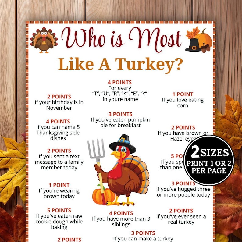 Who is Most Like a Turkey Game, Thanksgiving Game, Thanksgiving ...