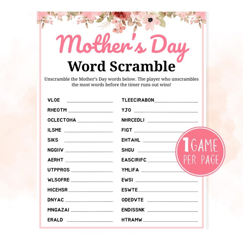 Mother's Day Word Scramble Game, Printable Mothers Day Games, Word ...