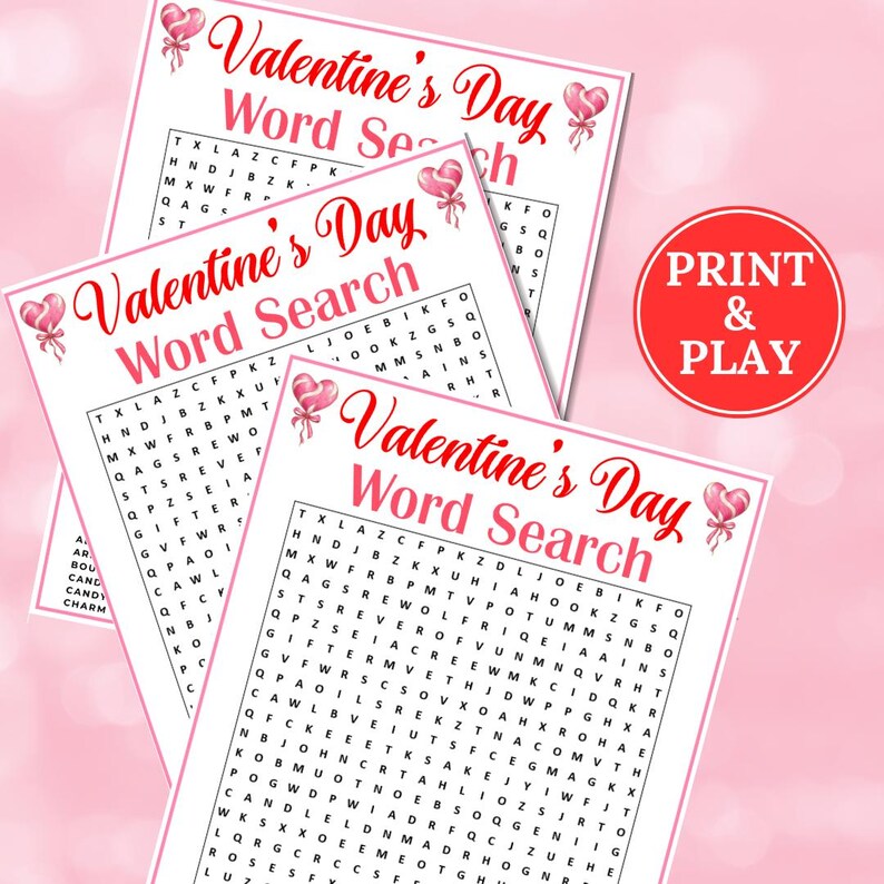 Valentine's Day Word Search, Valentine Party Game, Word Search Puzzle ...