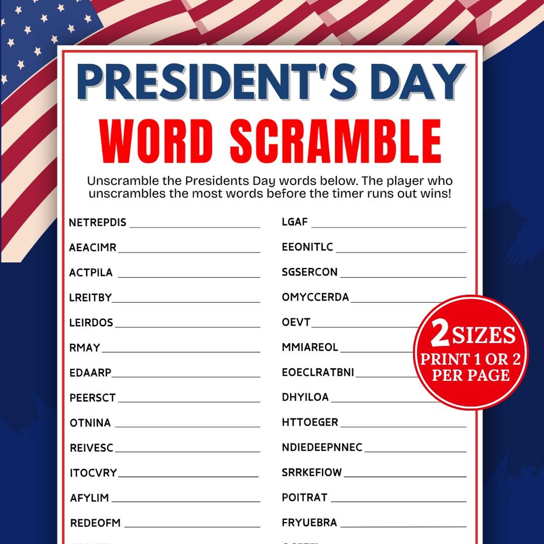 Presidents Day Word Scramble Game, Printable Party Game, Word ...
