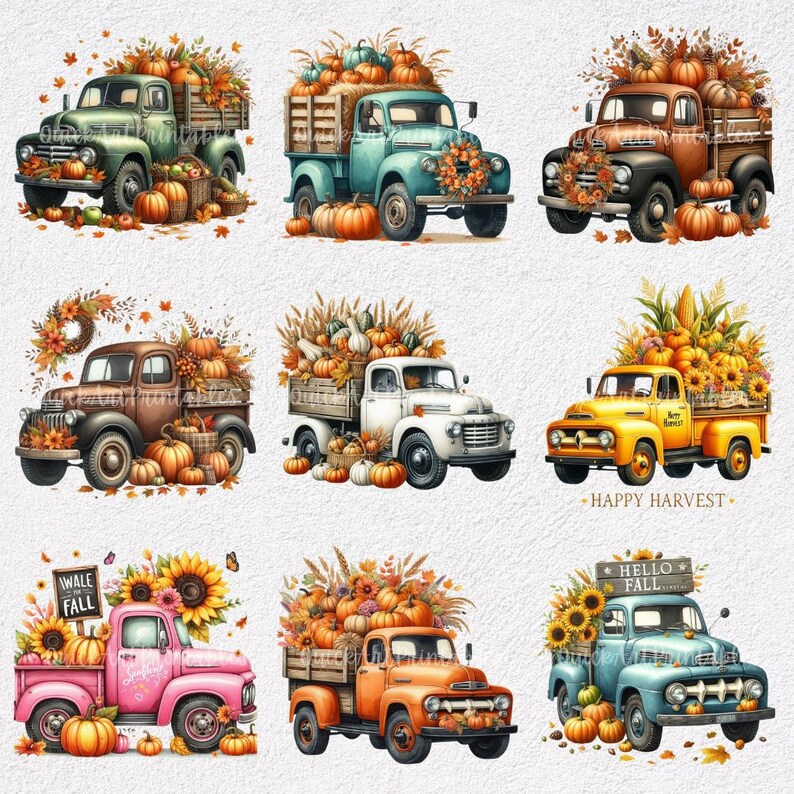 Watercolor Fall Trucks Clipart Collection, Hello Fall Clipart, Autumn ...