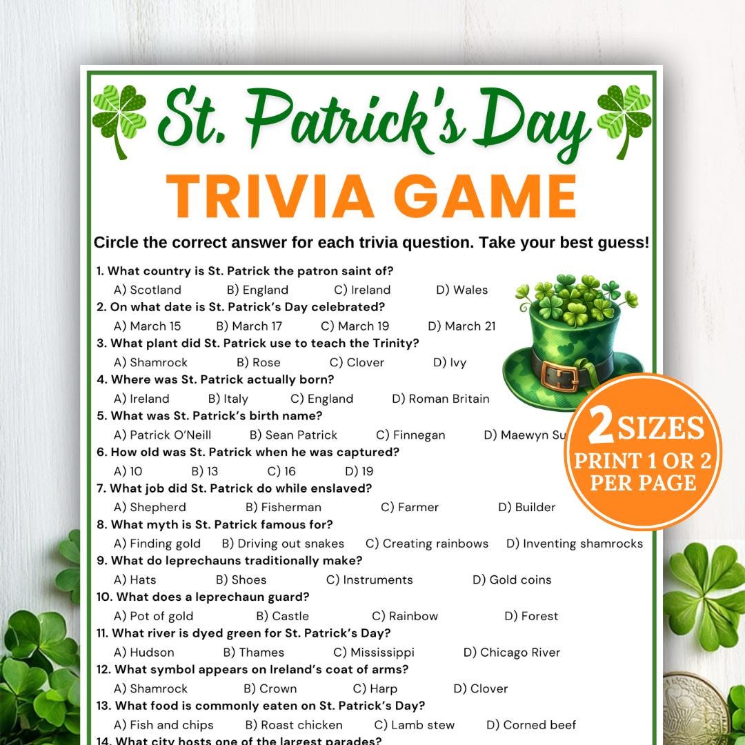 St Patrick's Day Trivia Game, Printable Trivia Questions, Trivia Quiz ...