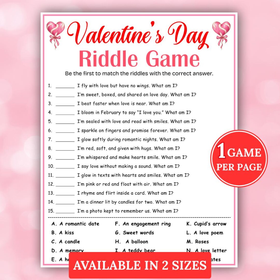 Valentine's Riddles Game, Valentines Riddle Me This Game, Holiday ...