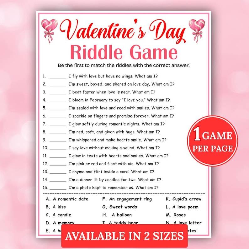 Valentine's Riddles Game, Valentines Riddle Me This Game, Holiday ...