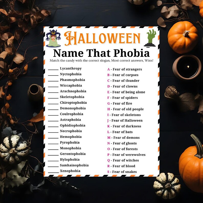 Halloween Name That Phobia Match up Game, Phobia Trivia Games, Games ...
