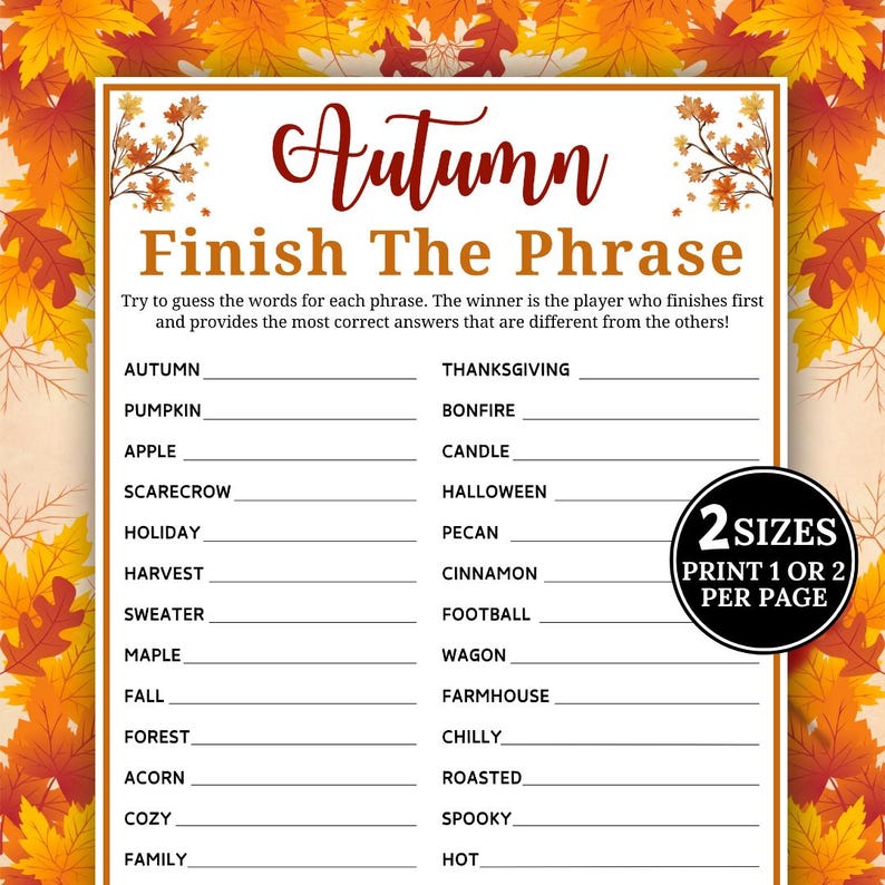 Fall Finish the Phrase Game, Printable Autumn Party Games, Fun Fall ...