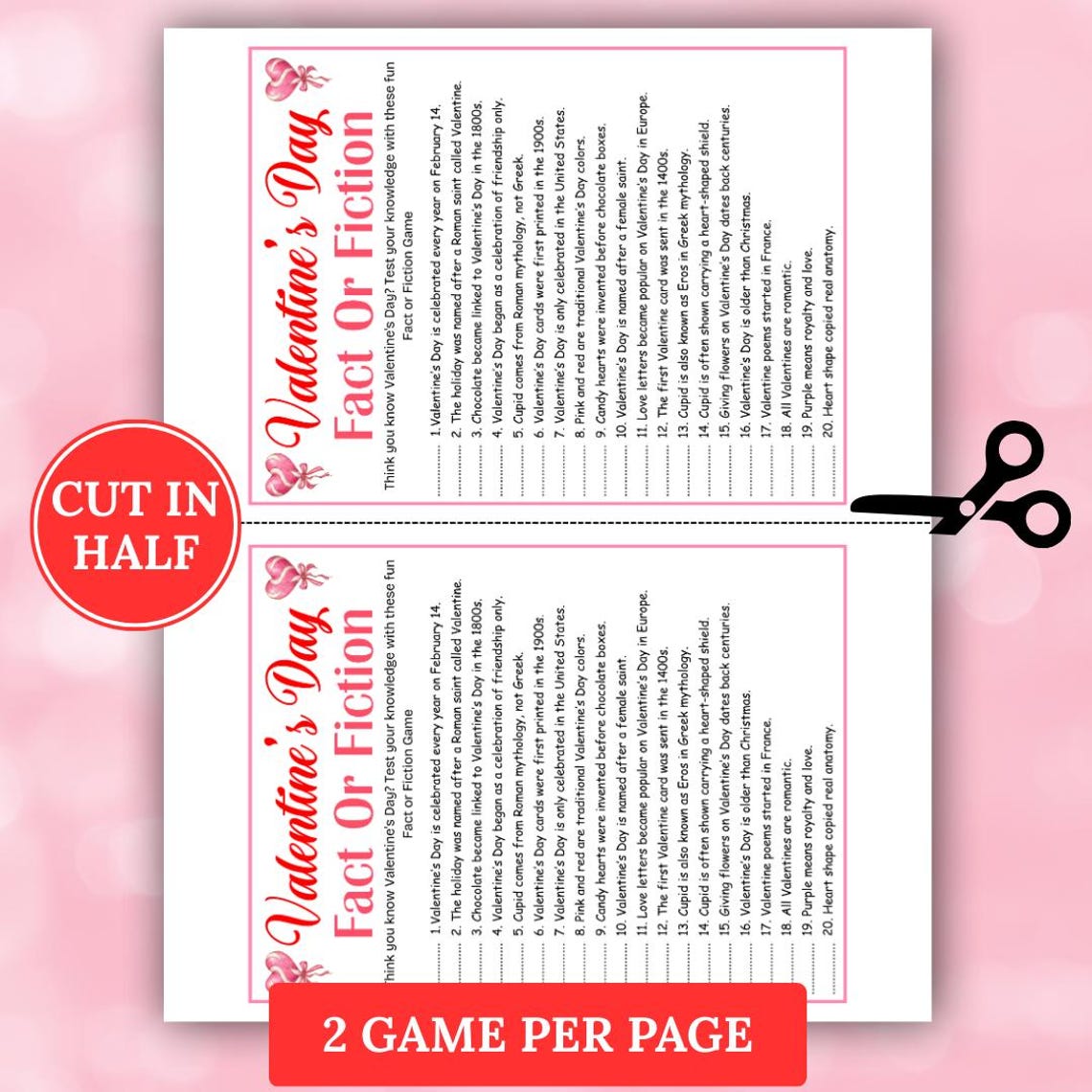 Valentine's Day Fact or Fiction Game, Valentines Party Game, True or ...