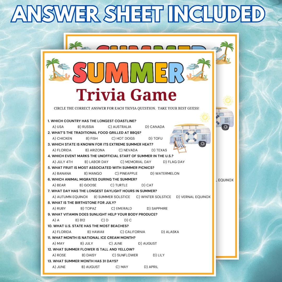 Summer Trivia Game, Summer Quiz Game, Printable Summer Activity Games ...