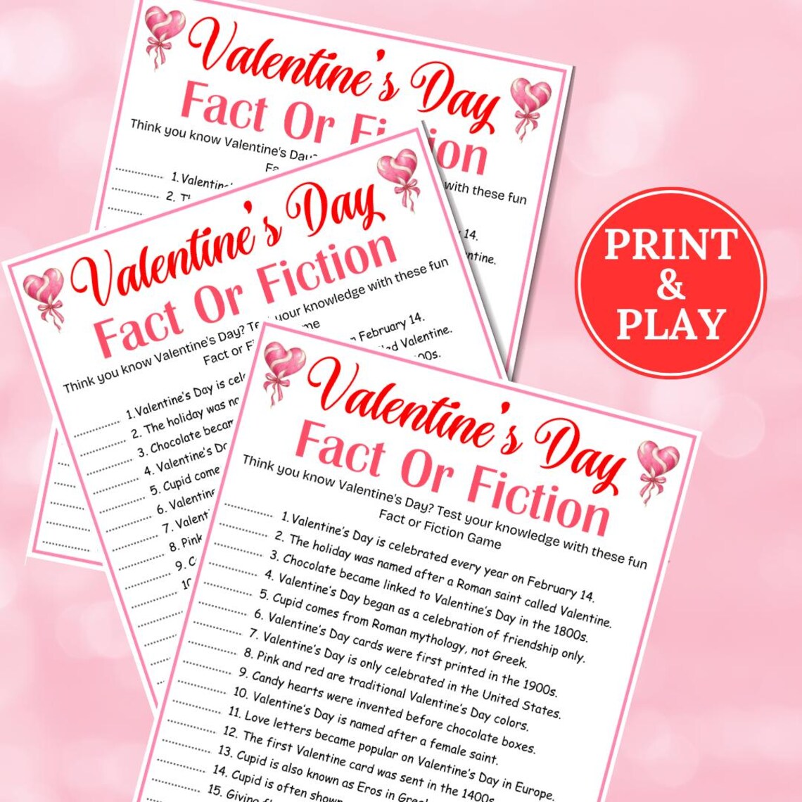 Valentine's Day Fact or Fiction Game, Valentines Party Game, True or ...