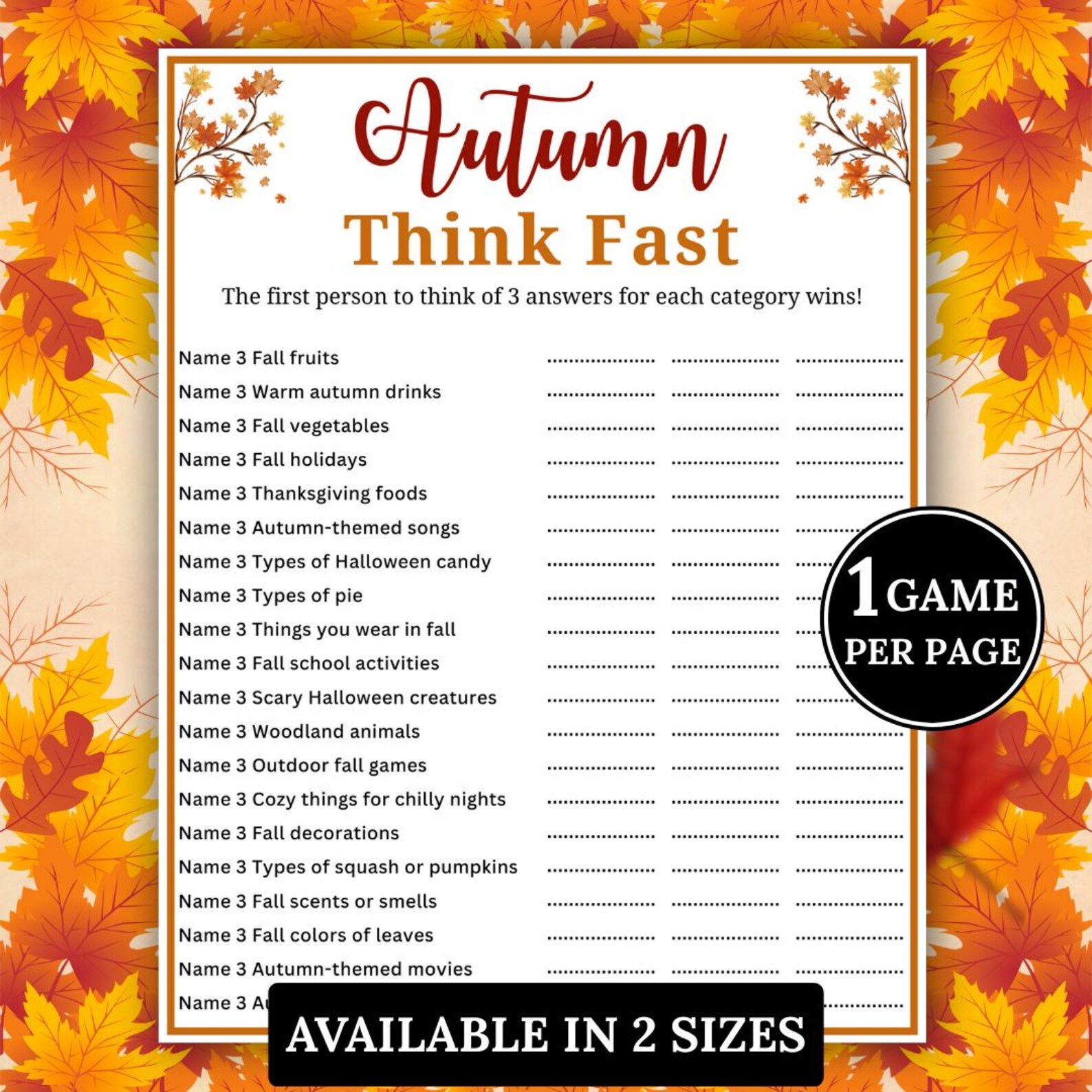 Fall Think Fast Game, Fall Trivia Game, Autumn Games, Icebreaker Game ...