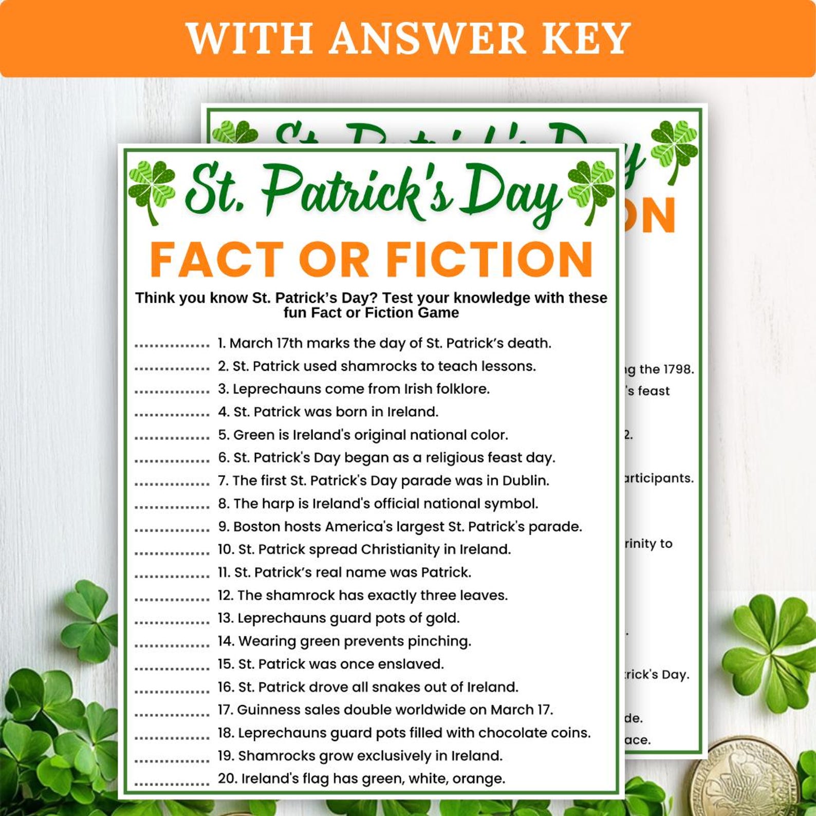 St Patrick’s Day Fact or Fiction Game, St Patrick's Trivia, True or ...