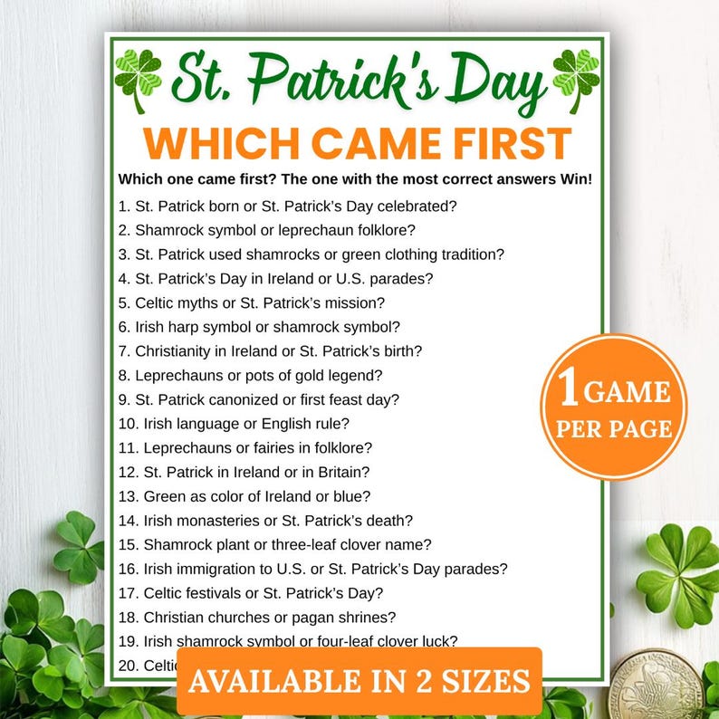 St Patrick's Day Which Came First Game, St Patricks Trivia, Printable ...