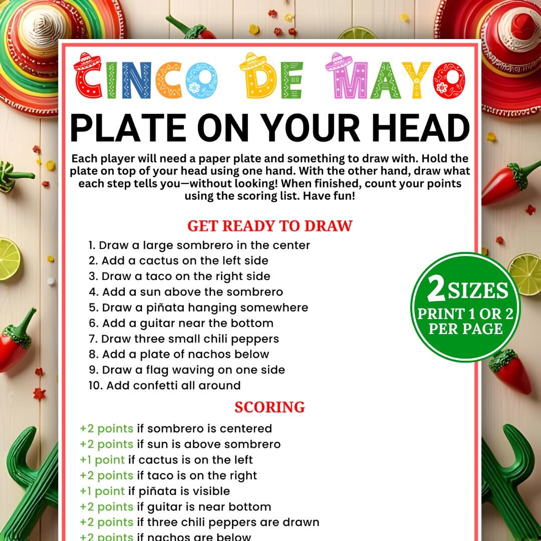 Cinco De Mayo Plate on Your Head Game, Holiday Drawing Game, Fiesta ...
