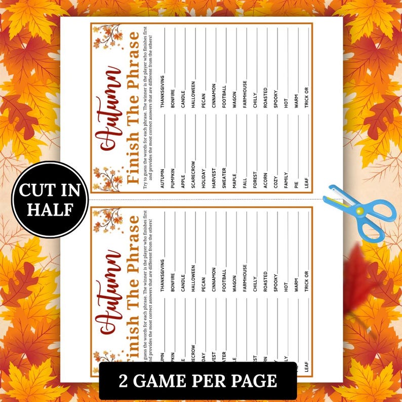 Fall Finish the Phrase Game, Printable Autumn Party Games, Fun Fall ...
