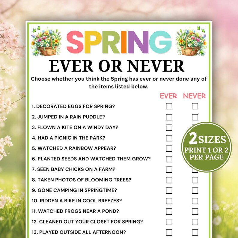 Spring Never Have I Ever Game, Printable Party Activity, Holiday ...