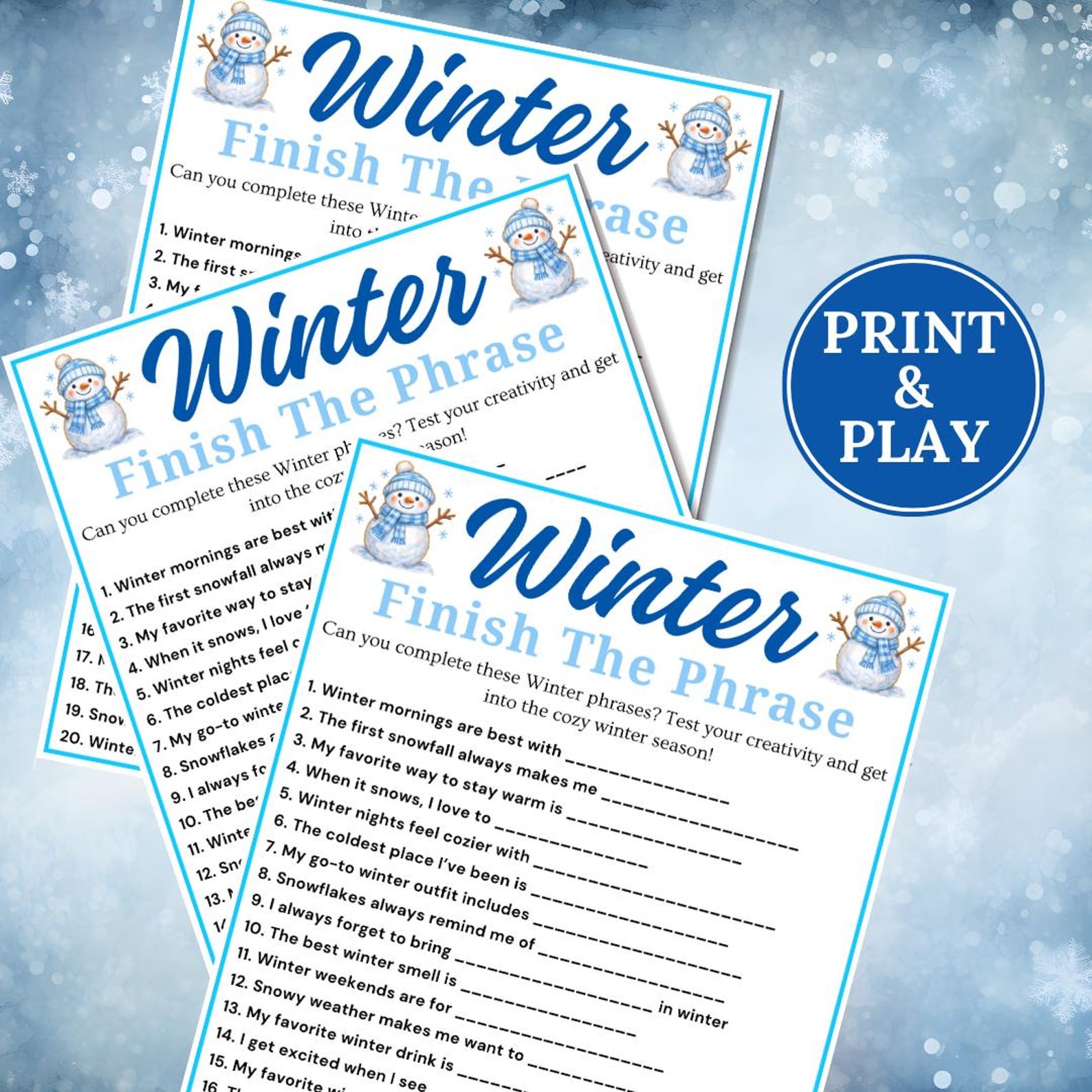 Winter Finish the Phrase Game, Printable Winter Party Games, Winter ...