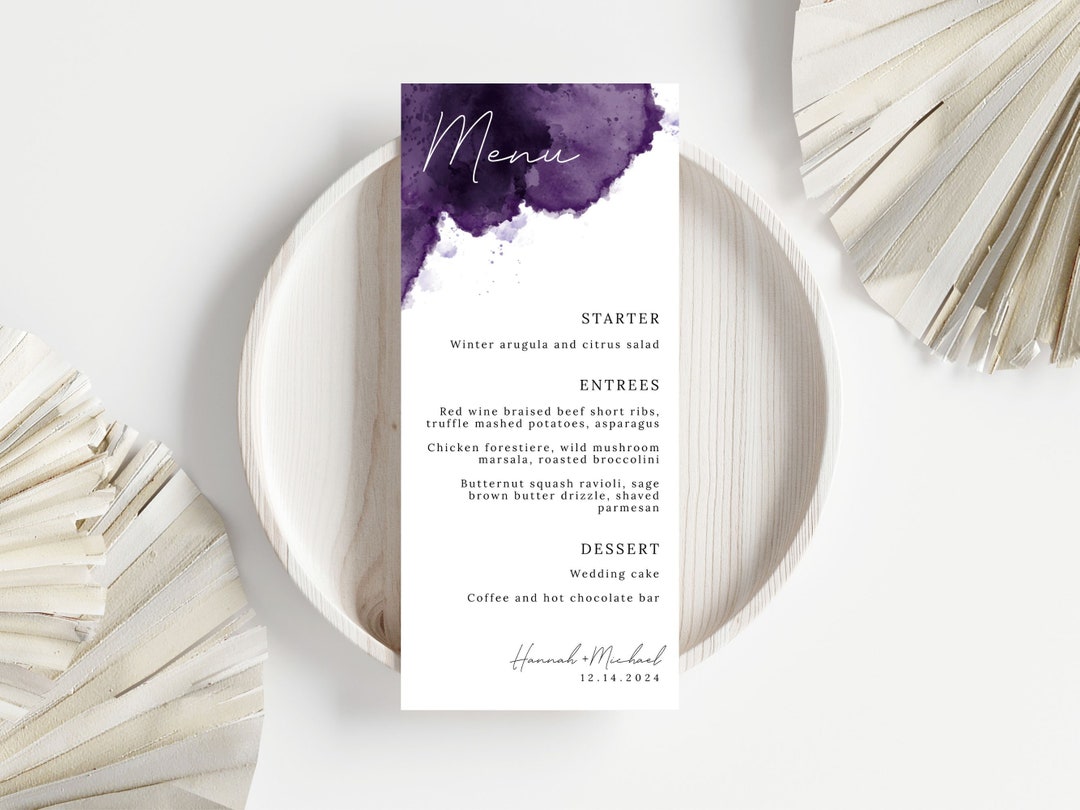 Purple Wedding Menu Template, Printable Jewel Tone Dinner Menu, Custom ...
