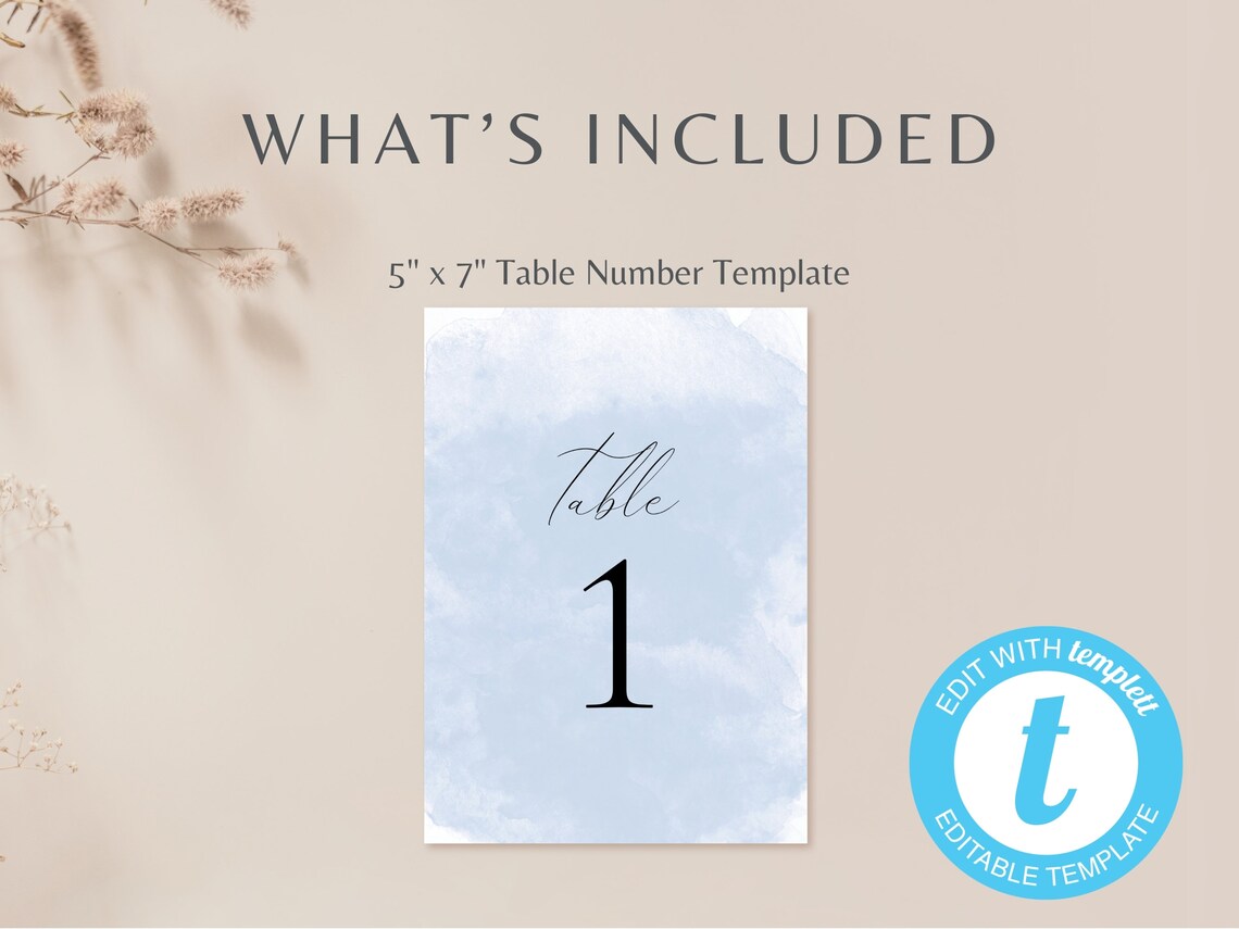 Dusty Blue Table Number Template, Printable Modern Table Number Card ...