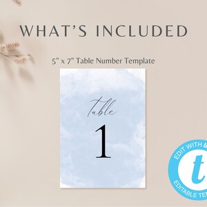 Dusty Blue Table Number Template, Printable Modern Table Number Card ...