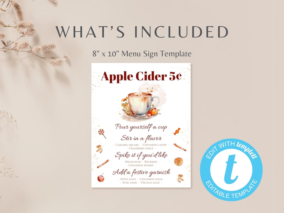 Apple Cider Bar Sign Template, Printable Hot Apple Cider Sign, Apple ...