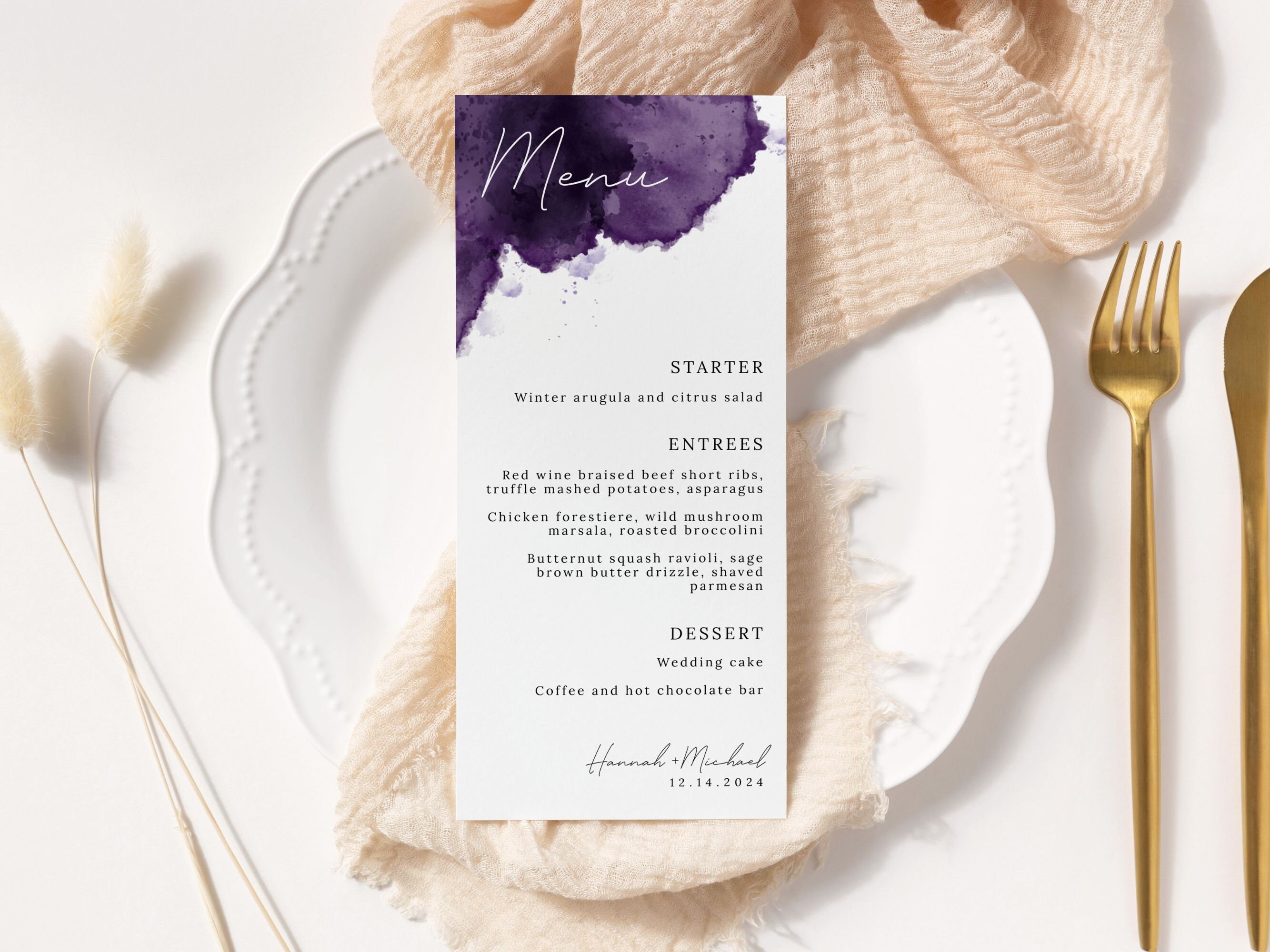 Purple Wedding Menu Template, Printable Jewel Tone Dinner Menu, Custom ...