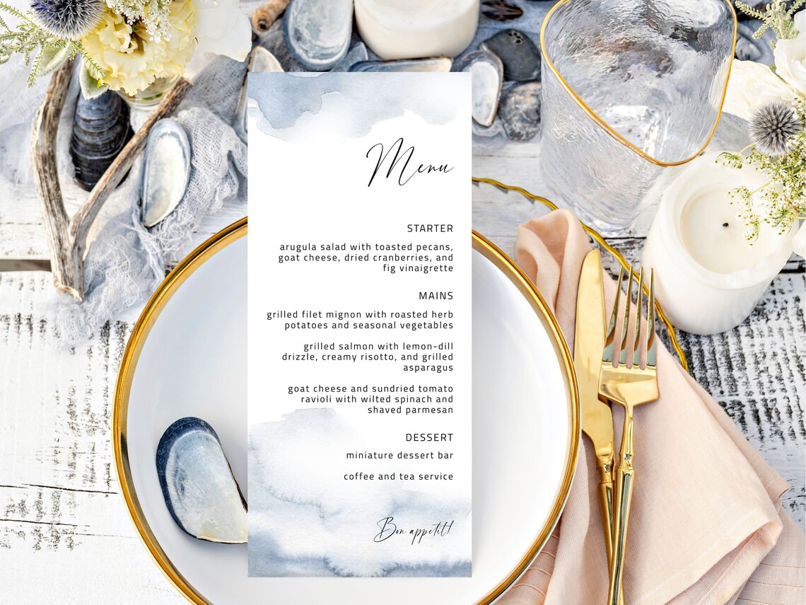 Dusty Blue Wedding Menu Template, Printable Blue Watercolor Dinner Menu ...