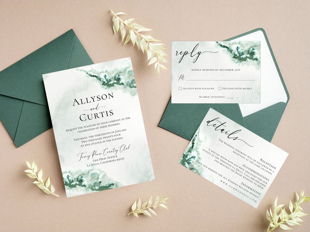 Green Wedding Invitation Suite Template, Printable Mint Watercolor ...