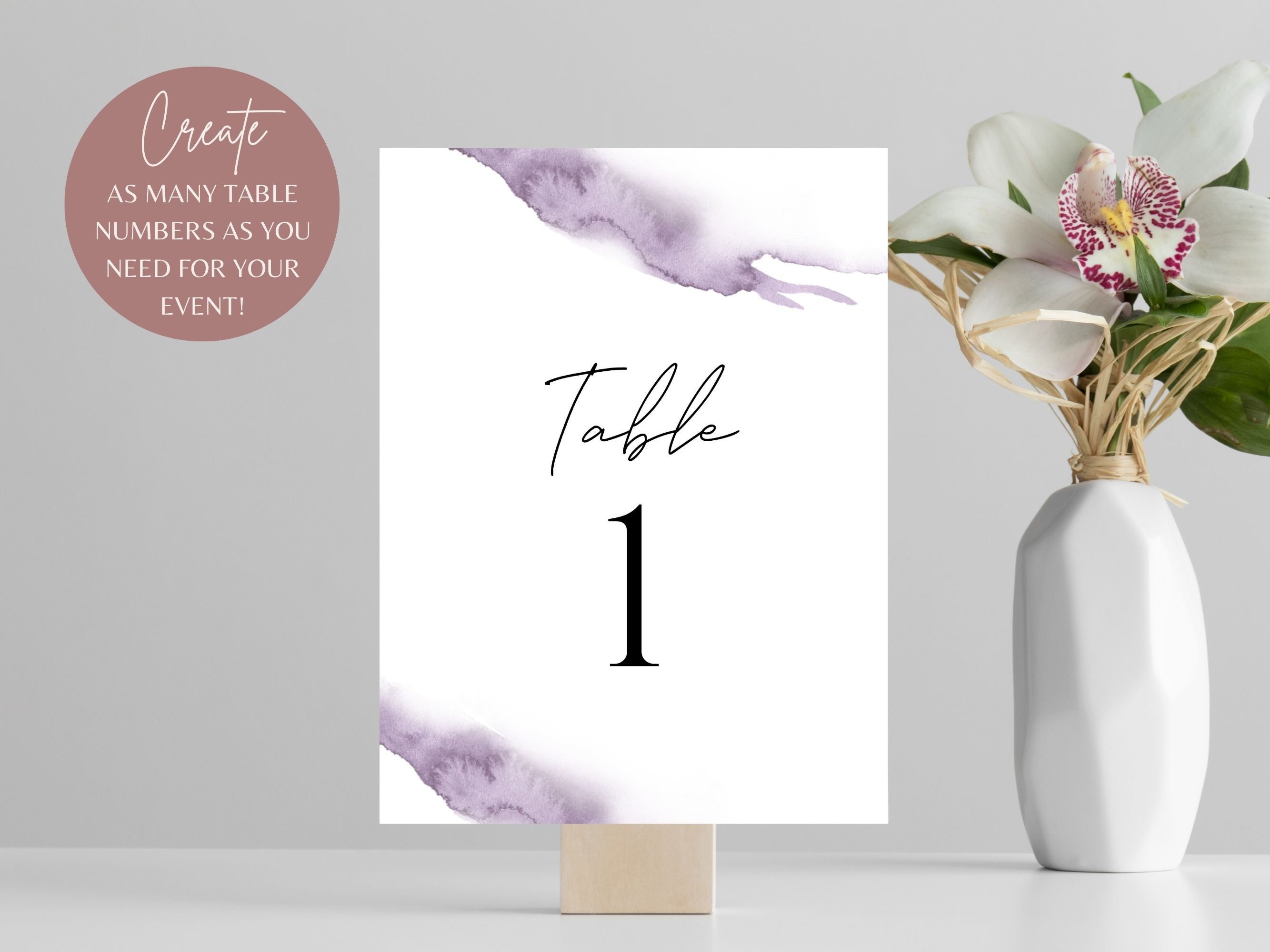 Purple Wedding Table Number Template, Printable Lavender Table Number ...