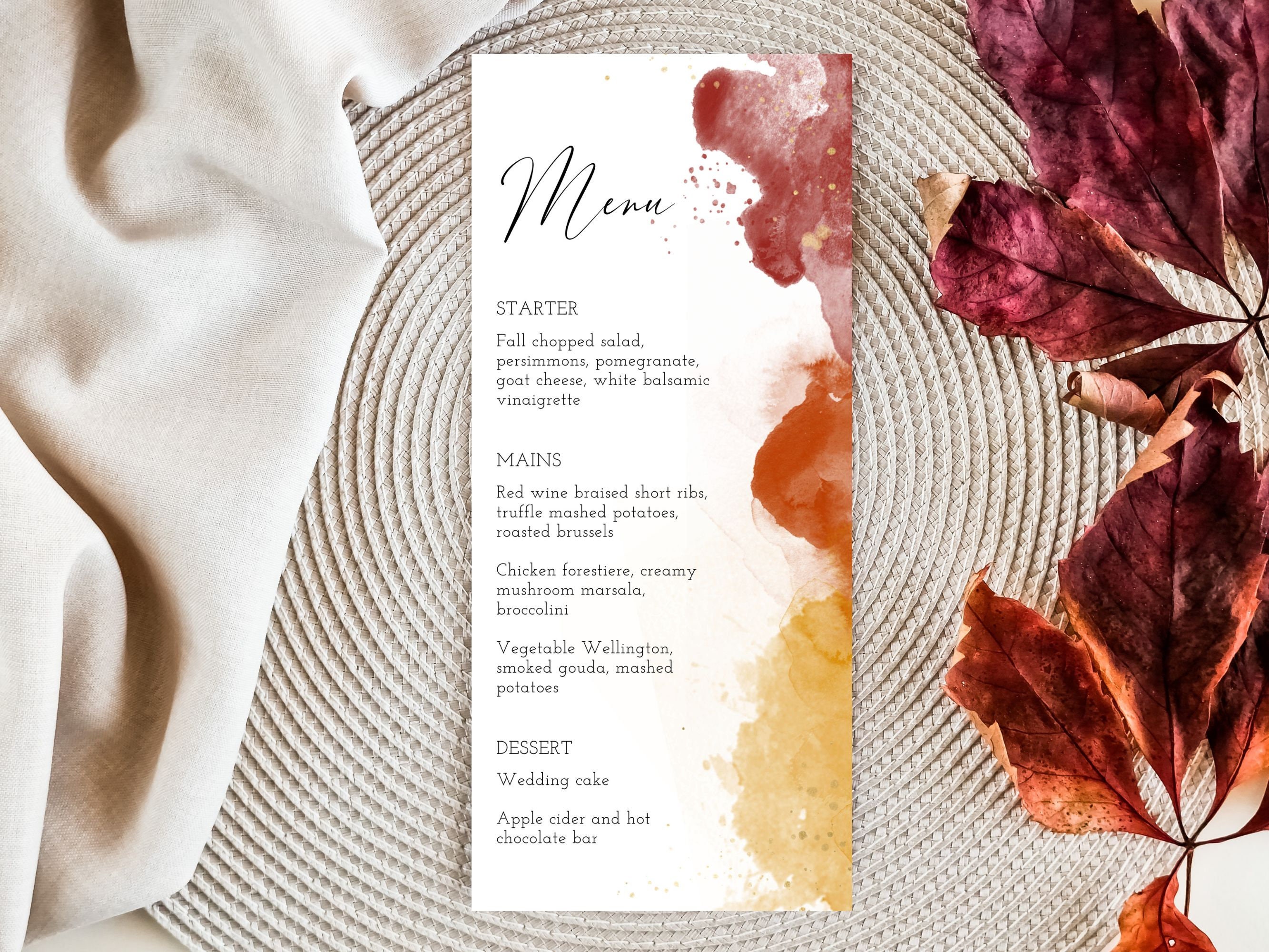 Autumn Wedding Menu Template, Printable Fall Dinner Menu, Autumn Menu Card, DIY Fall Wedding ...