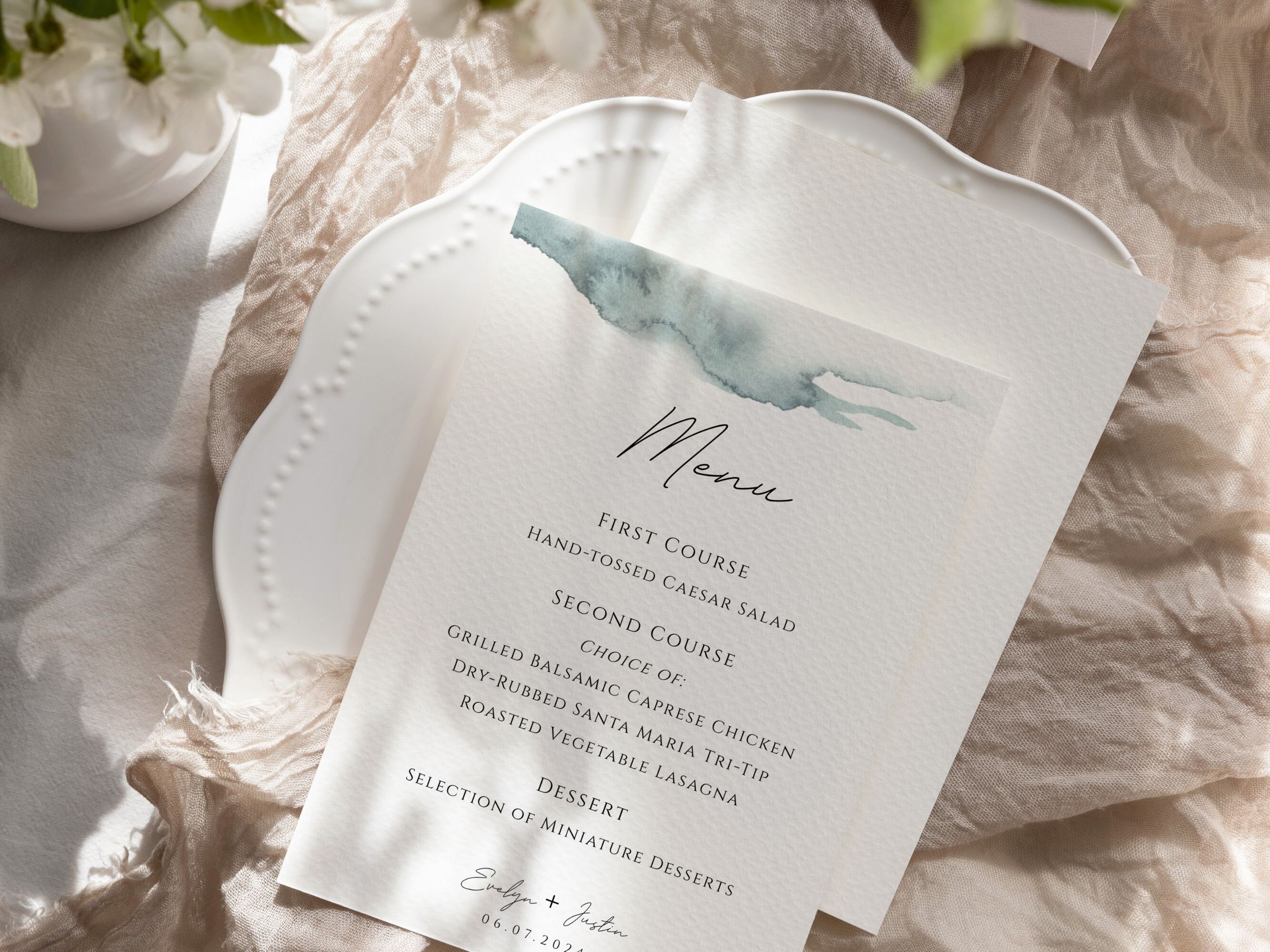 Blue Wedding Menu Template, Printable Turquoise Dinner Menu, Modern ...