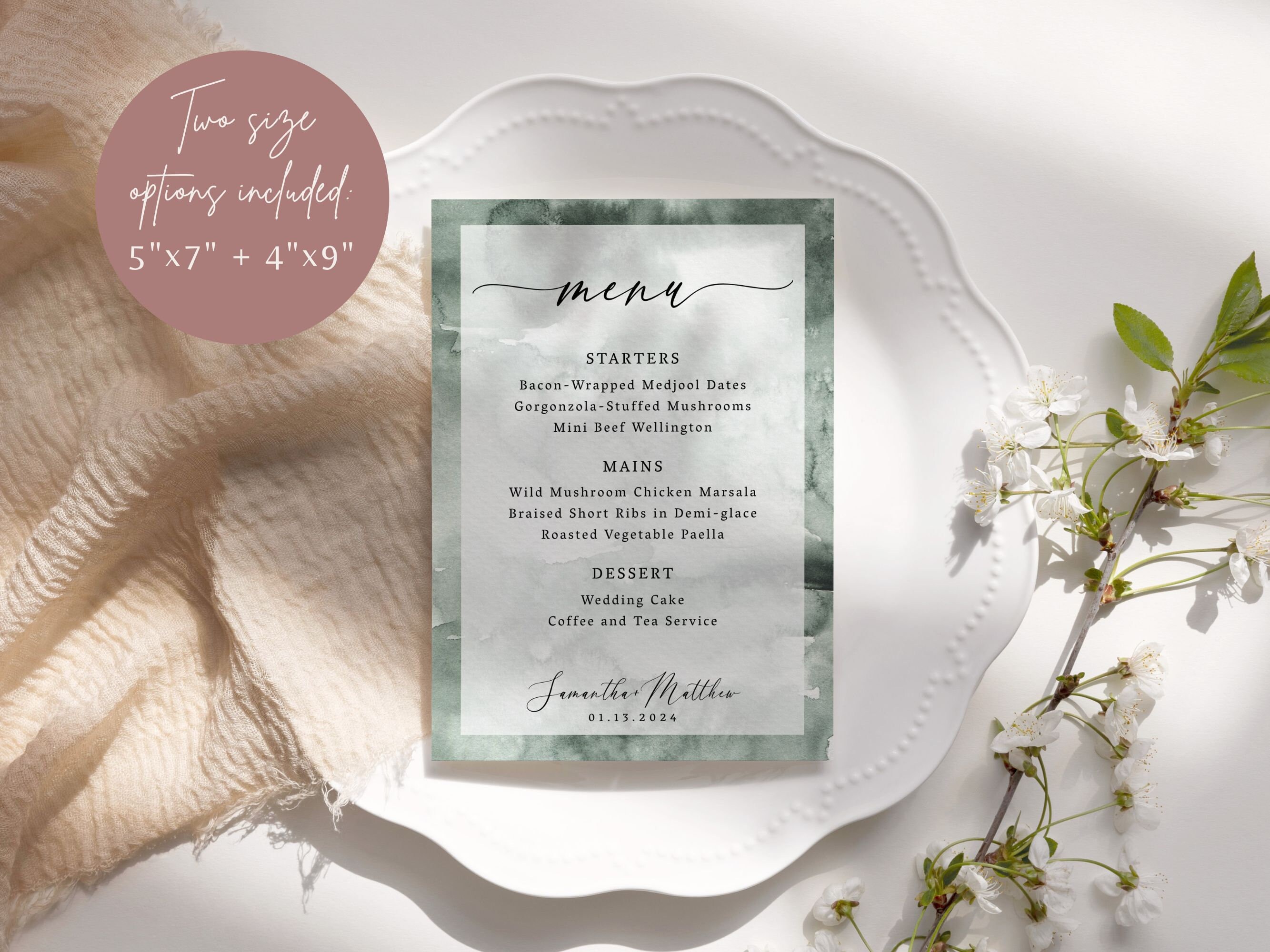 Forest Green Wedding Menu Template, Printable Sage Dinner Menu ...