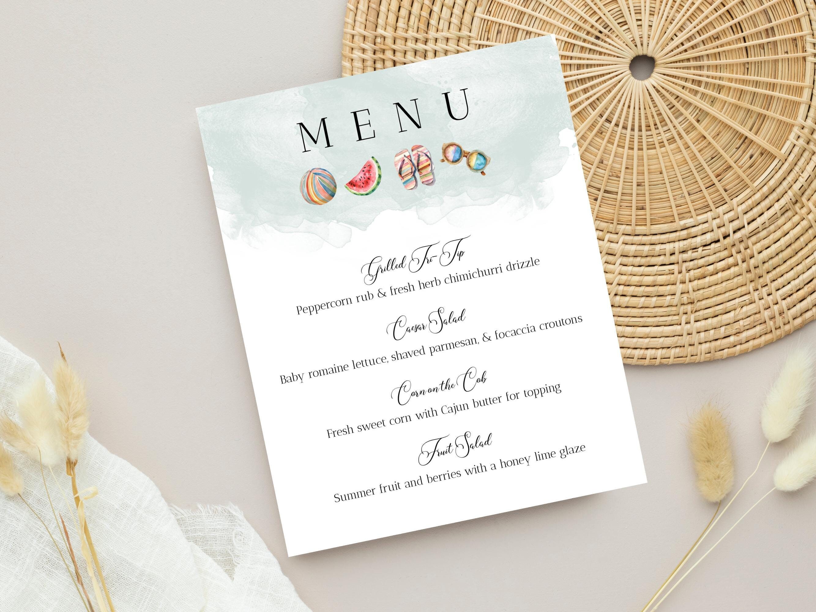 Summer Menu Template, Printable Pool Party Menu, Backyard BBQ Menu ...