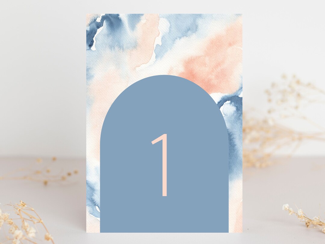 Dusty Blue and Peach Wedding Table Number Template, Printable Table ...