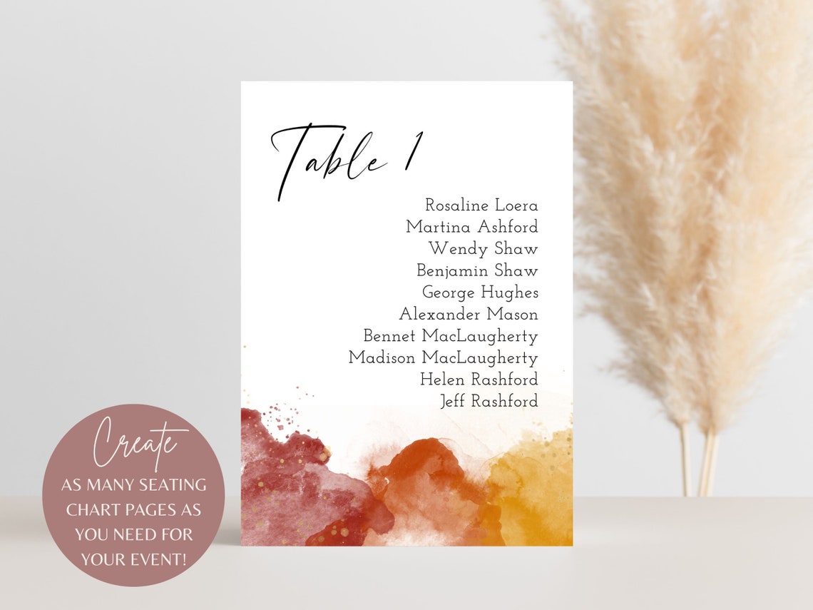 Autumn Wedding Seating Chart Template, Printable Fall Seating Chart ...