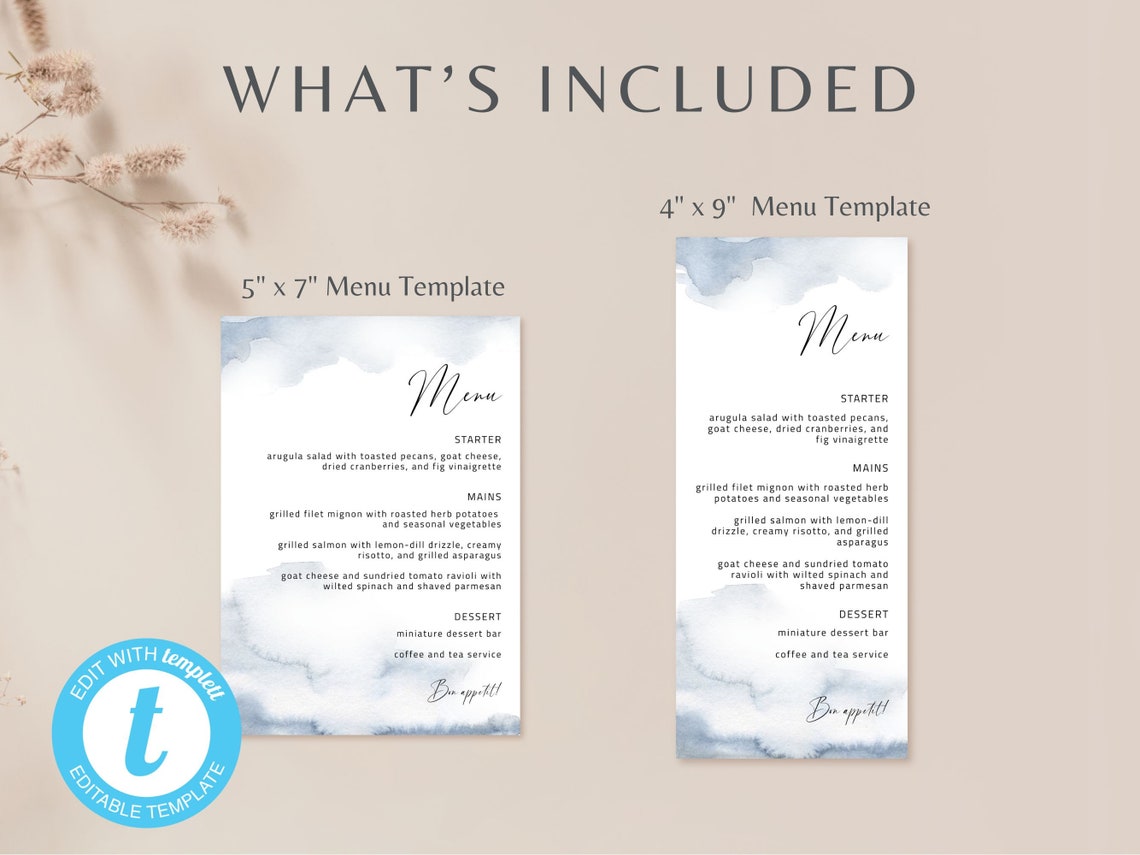 Dusty Blue Wedding Menu Template, Printable Blue Watercolor Dinner Menu ...