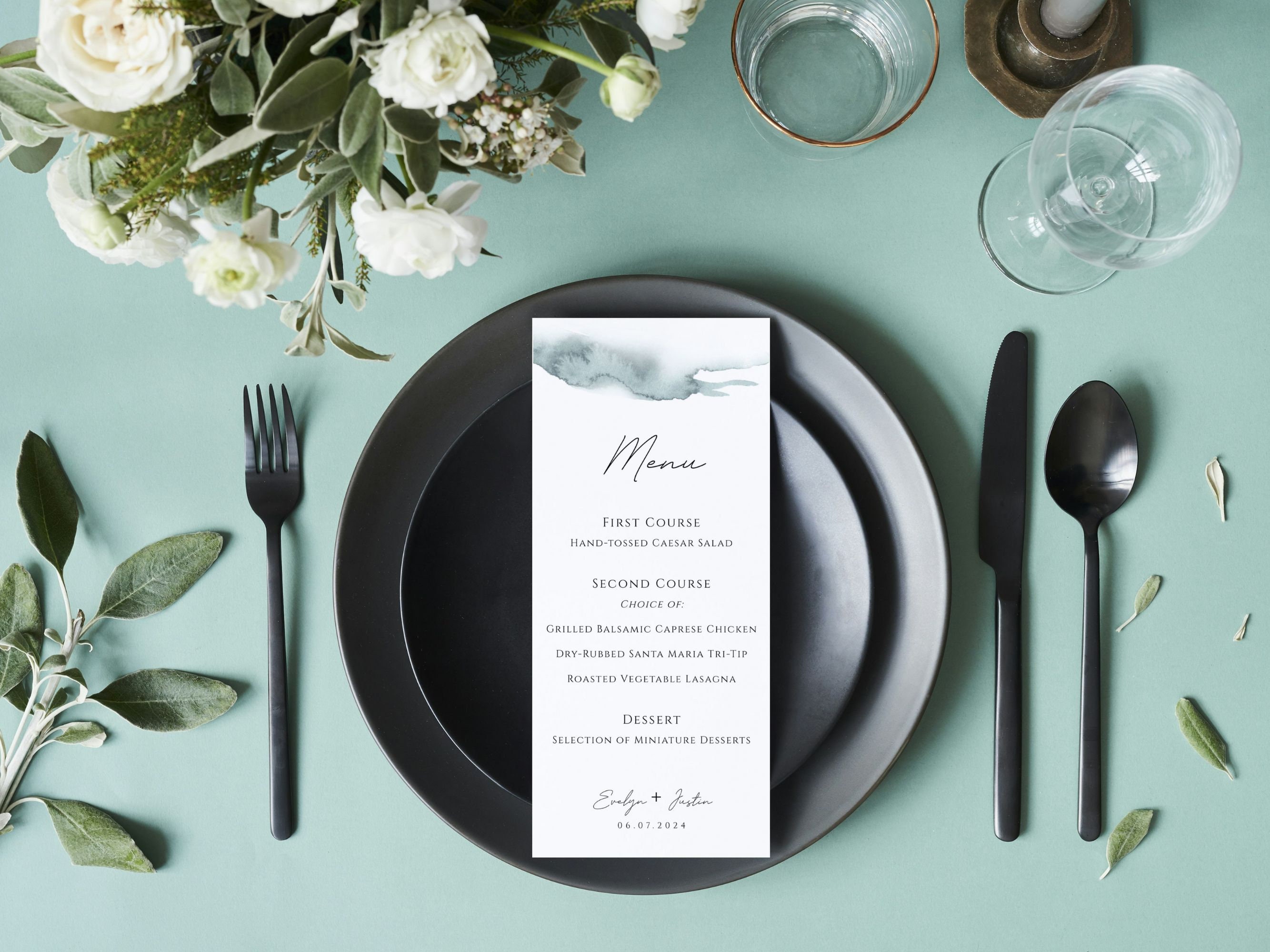 Blue Wedding Menu Template, Printable Turquoise Dinner Menu, Modern ...