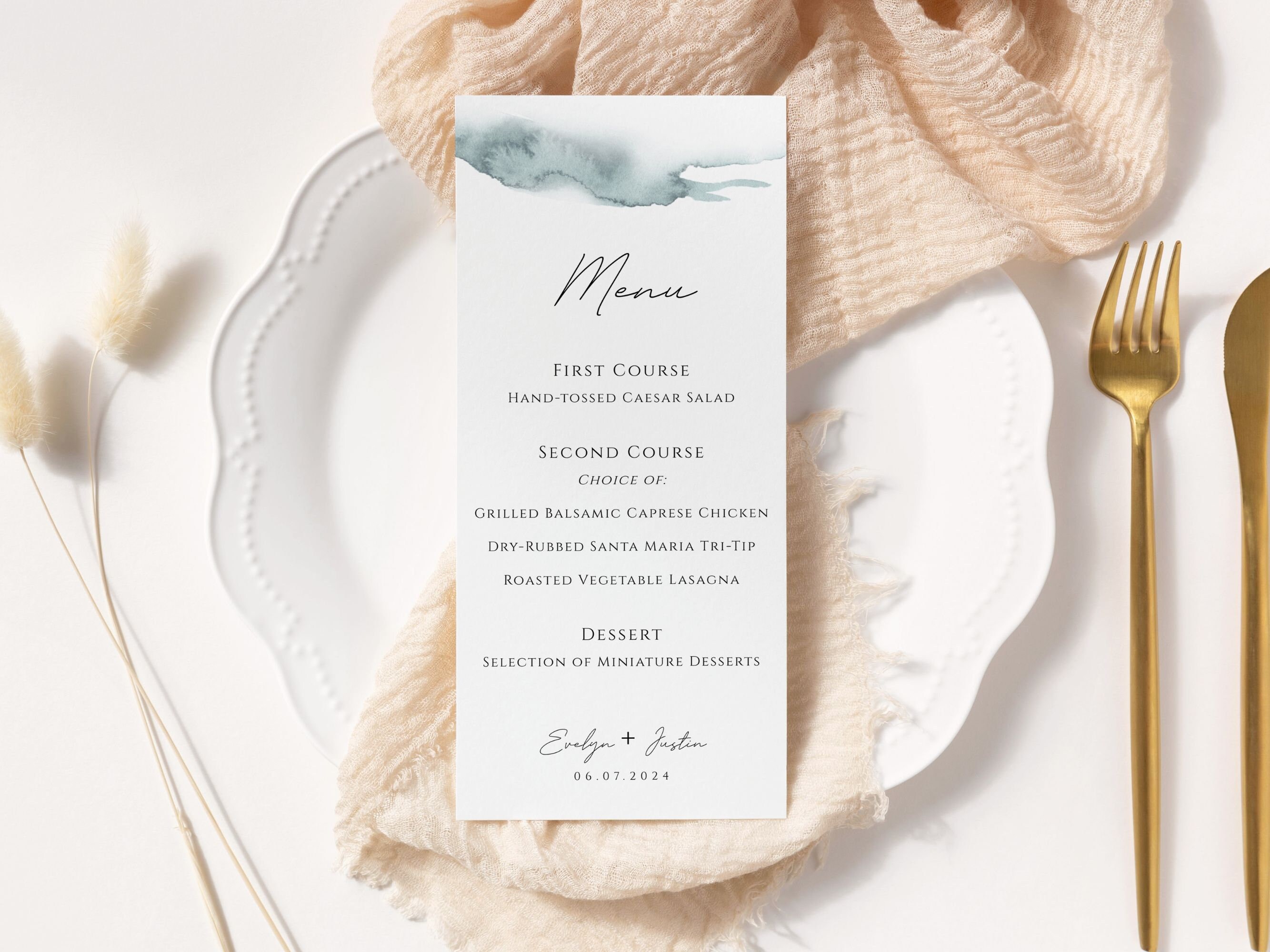 Blue Wedding Menu Template, Printable Turquoise Dinner Menu, Modern ...