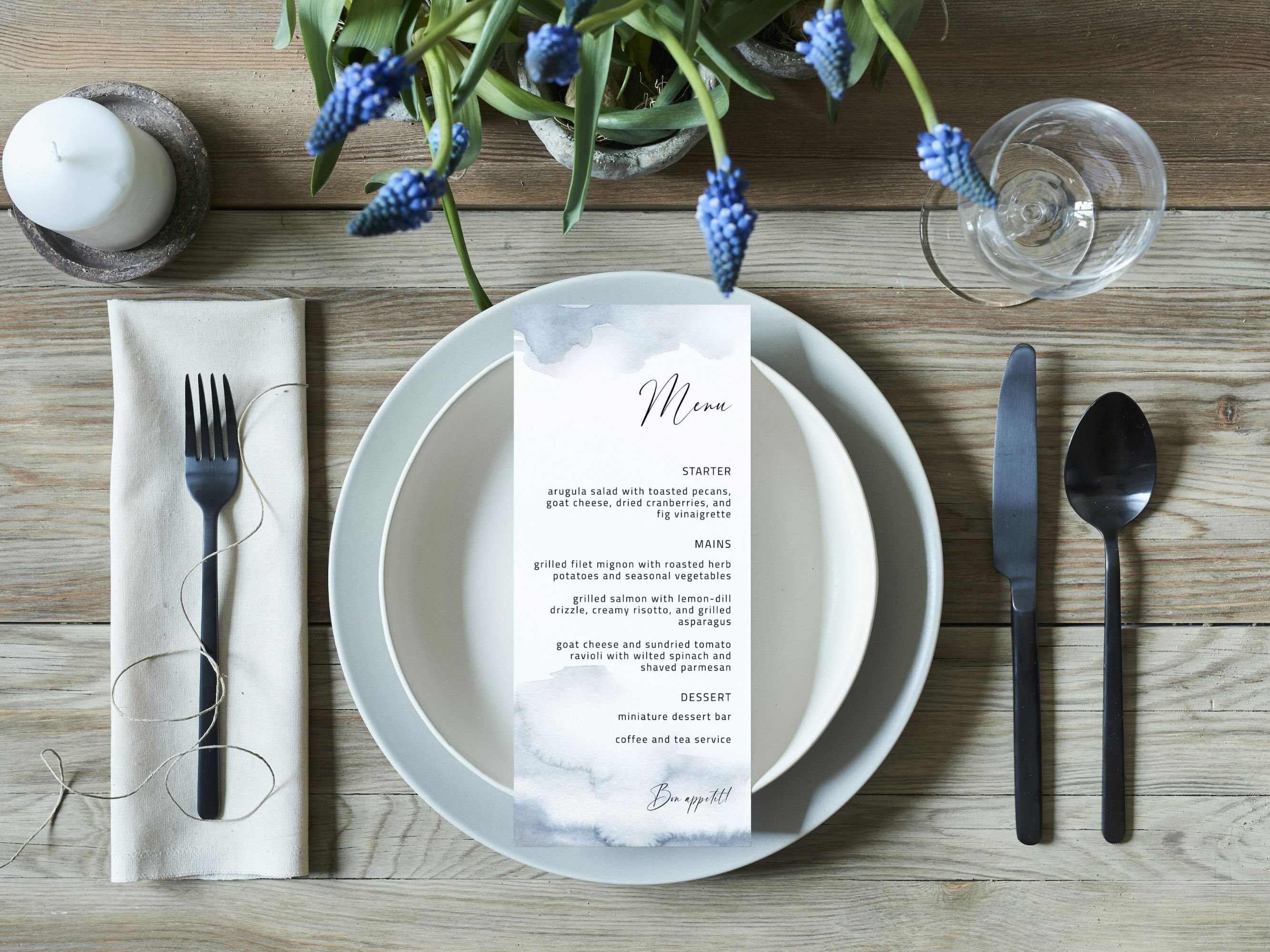 Dusty Blue Wedding Menu Template, Printable Blue Watercolor Dinner Menu ...