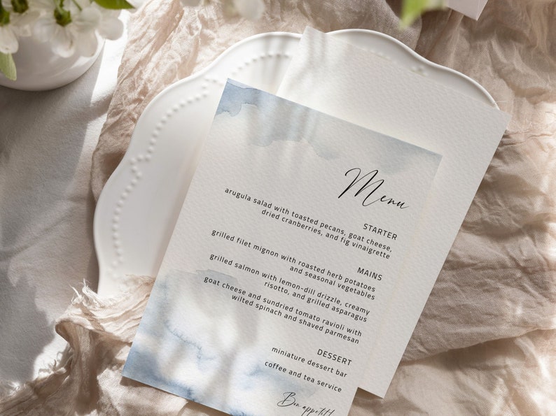 Dusty Blue Wedding Menu Template, Printable Blue Watercolor Dinner Menu ...