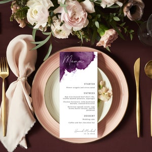 Purple Wedding Menu Template, Printable Burgundy Dinner Menu, Eggplant ...