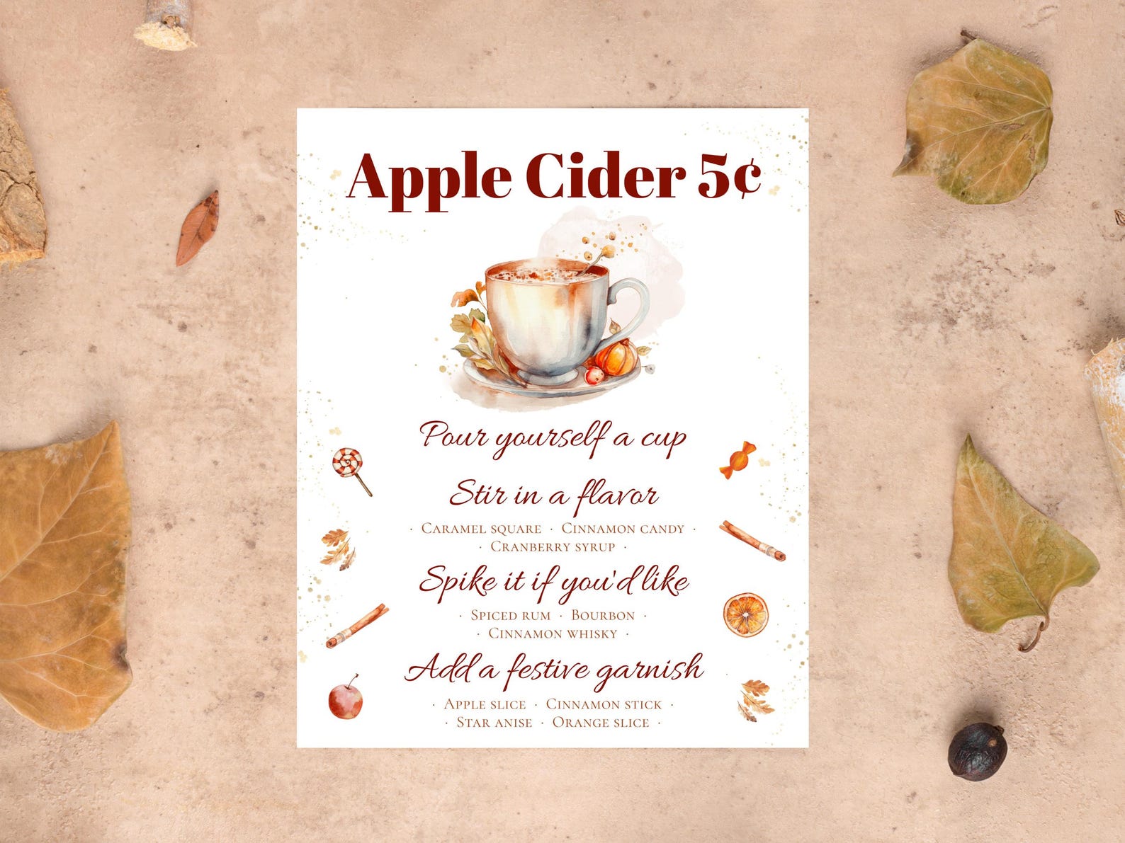 Apple Cider Bar Sign Template, Printable Hot Apple Cider Sign, Apple ...