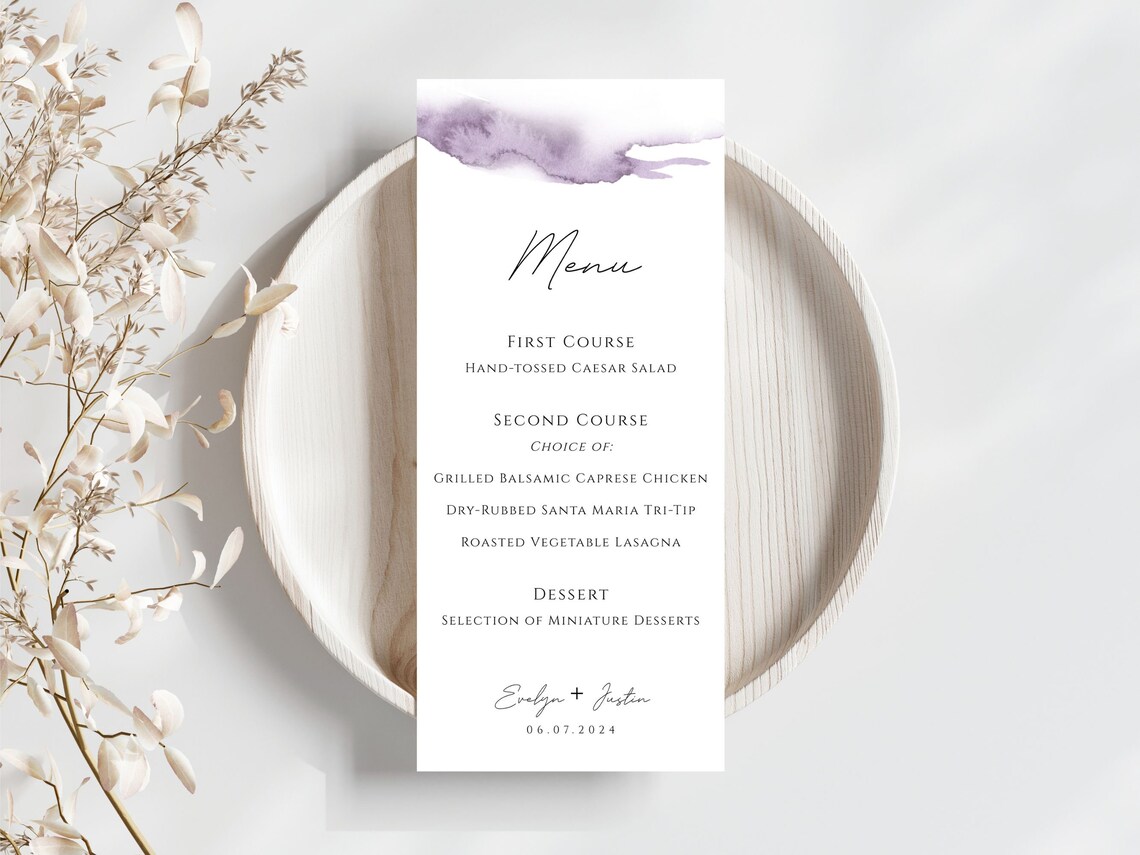 Purple Wedding Menu Template, Printable Lavender Dinner Menu, Lilac ...