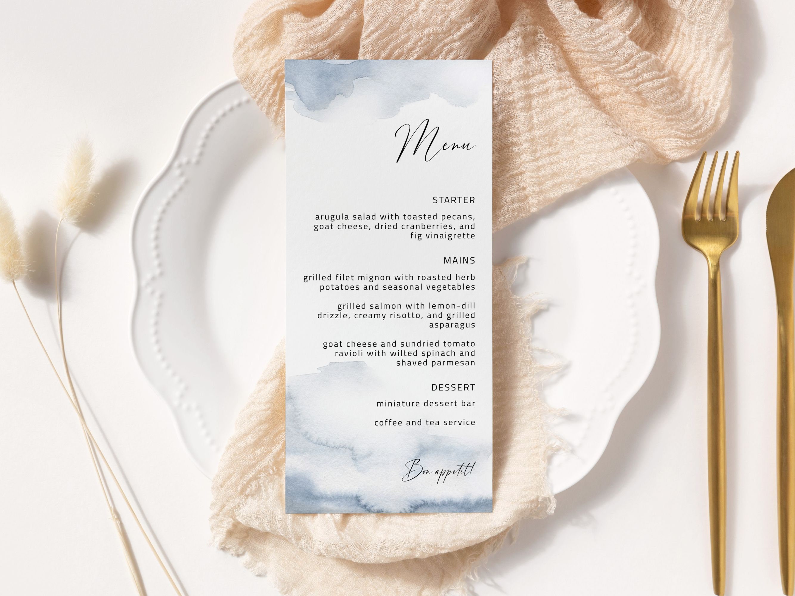 Dusty Blue Wedding Menu Template, Printable Blue Watercolor Dinner Menu ...
