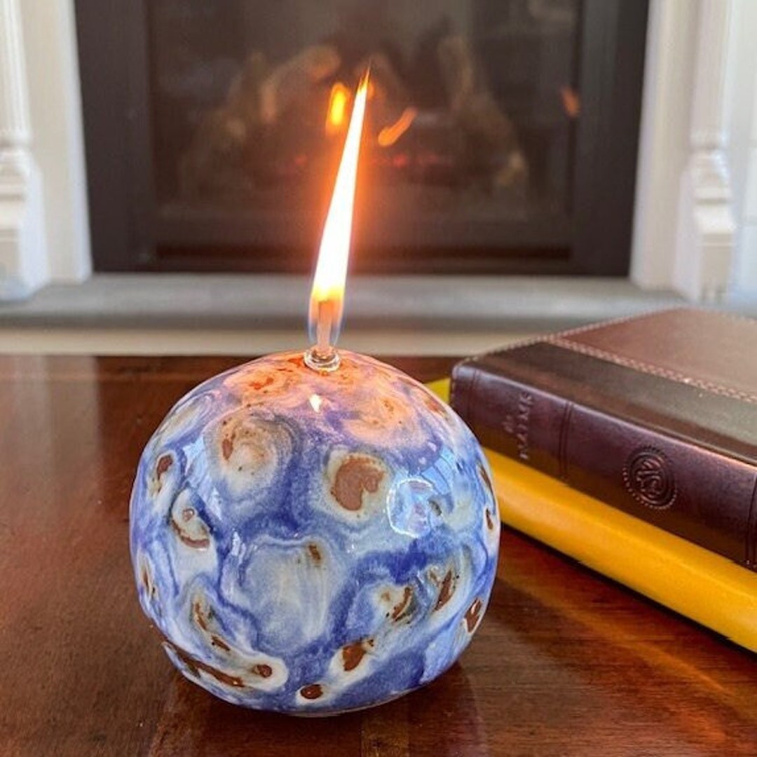 Blue White Orb Oil Lamp Refillable Oil Candle Ceramic Sphere Pottery ...