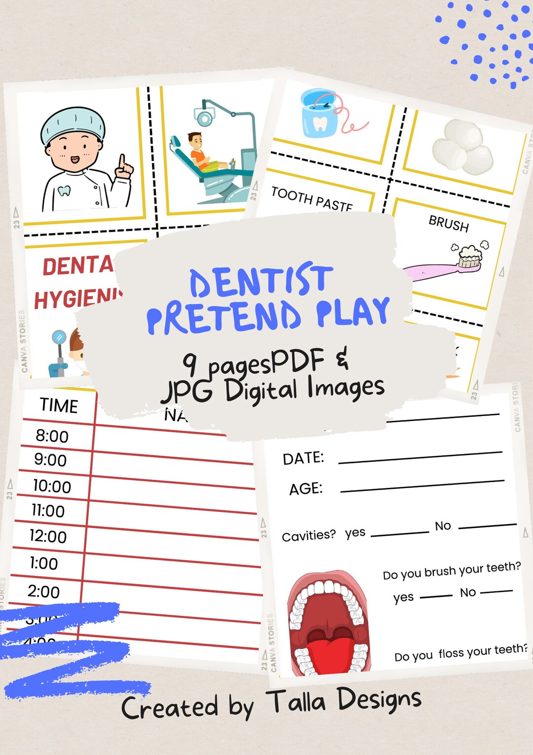 DIGITAL Dentist Pretend Play: 9 Pages of Digital Downloads. Print and ...
