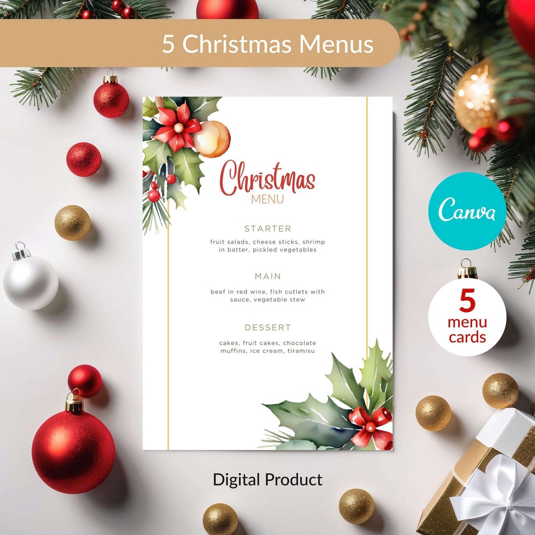 5 Christmas Menu Card Templates 5 Editable and Printable - Etsy